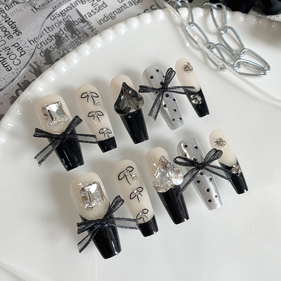 lovefix纯手工穿戴甲长T法式潮流黑色丝带蝴蝶结波点爆闪钻美甲贴