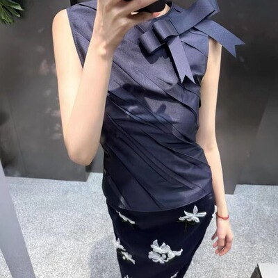 法式轻奢褶皱蝴蝶结无袖背心上衣