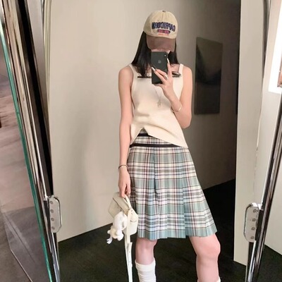 TE复古双面格纹JK少女感百褶裙