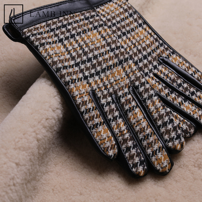 2025冬 韩系西班牙女新款山羊皮手套小西格子毛呢开车英伦手套女