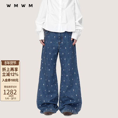 WMWM流行设计绣花牛仔喇叭裤