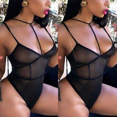 Black mesh perspective bodysuit, sexy lingerie, sexy pajamas