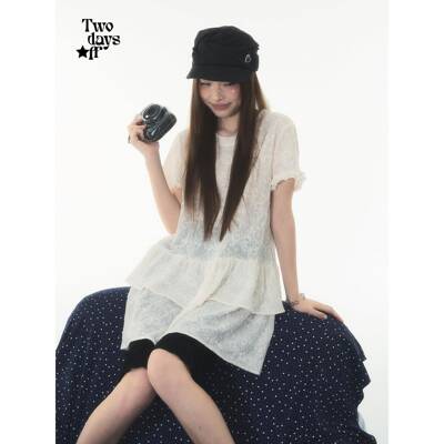 Two袖daysff 双休日系o轻亚叠韩穿荷叶边洋装宽松提T1086花短上衣