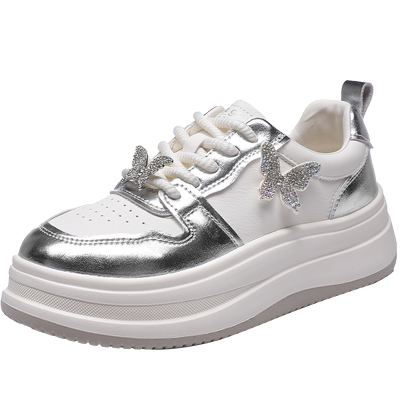 HLA/海澜之家小白鞋女夏季透气2025新款银色蝴蝶厚底鞋板鞋运动鞋