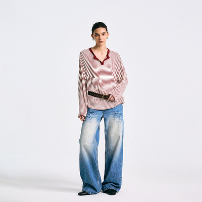 Howwell 25SS不规则扎花刺绣阔腿牛仔裤女毛边高腰直筒