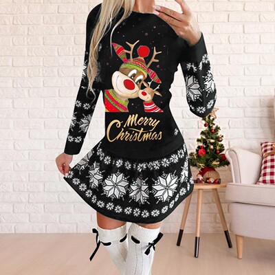 Merry Christmas Women Dress Classtic Cartoon Deer Snowflake