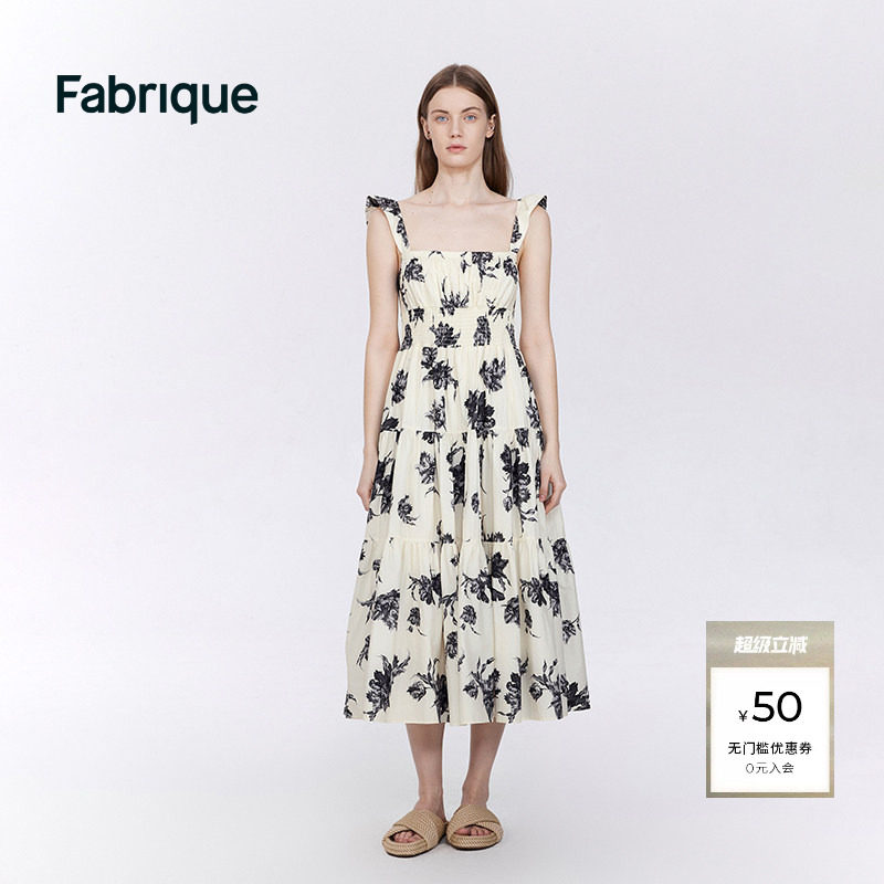 Fabrique 荷叶边小飞袖吊带郁金香印花平纹哑光棉连衣裙