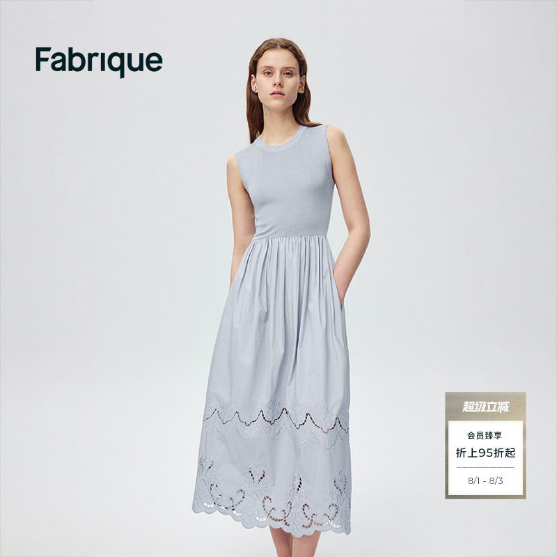 Fabrique 黑色灰蓝色镂空花朵刺绣温柔风气质显瘦中长款连衣裙女