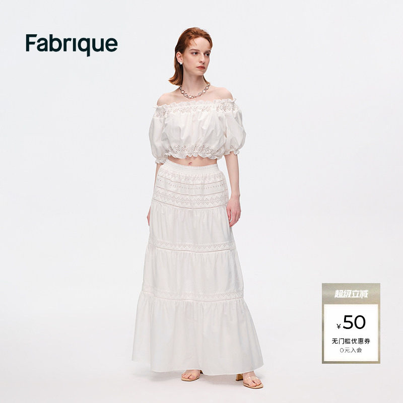 【赵露思同款】Fabrique 丝棉混纺蕾丝镂空拼接泡泡袖上衣