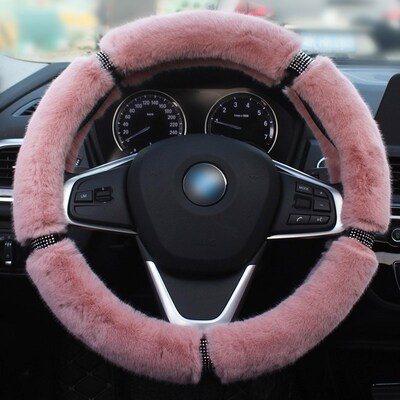 Winter Plush Steering Wheel Cover Diamond Crystal Auto Pink