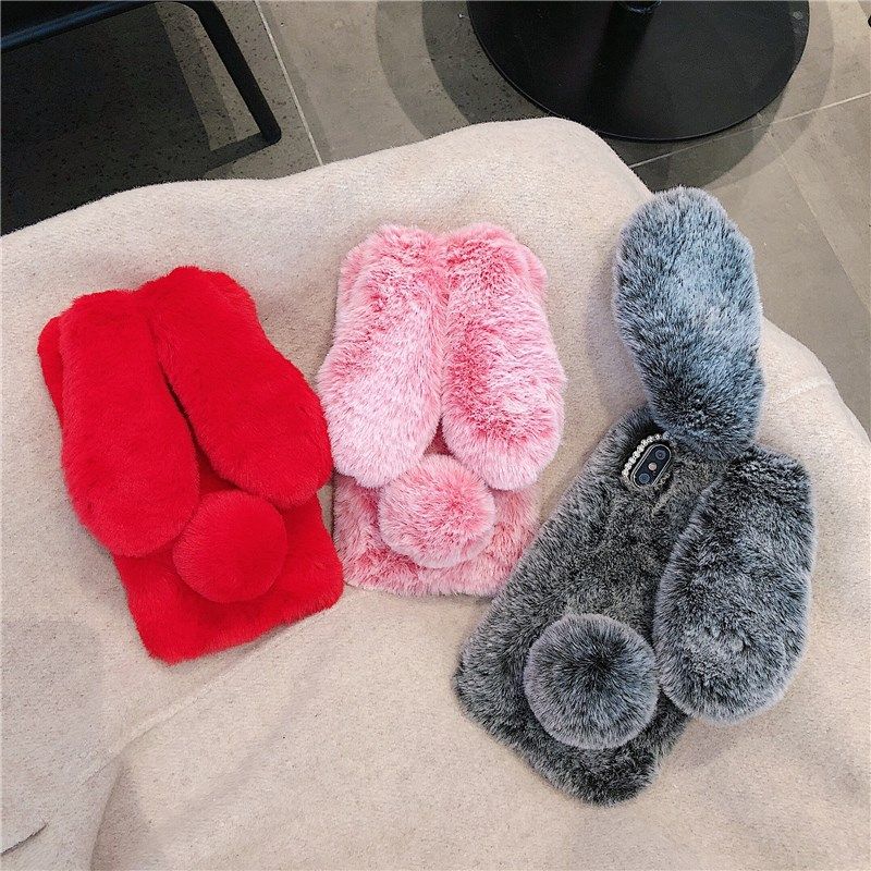 Cute Rabbit Ears Fluffy Case Cover For iPhone 11 12 Mini Pr_虎窝淘