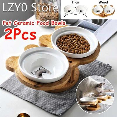 Japan Pet Dog Double Bowls Bamboo Wood Stainless Steel Ceram