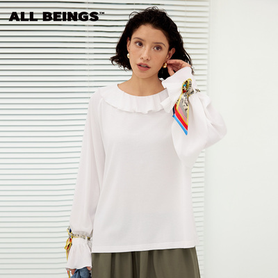 ALL BEINGS26AW早秋新款垂感透气混纺荷叶领喇叭长袖丝巾T恤上衣