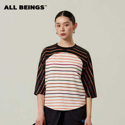 ALLBEINGS2026SS夏季设计感新品休闲感 双拼彩条曲线插肩中袖T恤