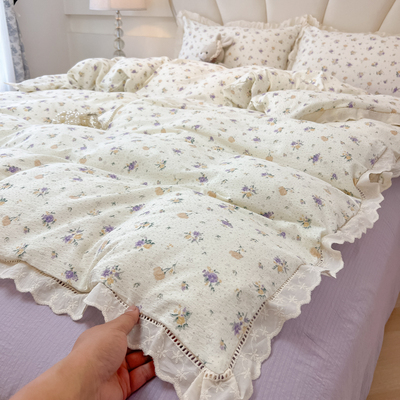 LACASA双层纱四件套蕾丝镂空公主风花边被套床单床笠三件套小清新