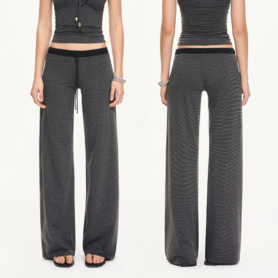 KVKV黑灰条纹针织抽绳宽松直筒垂感长裤