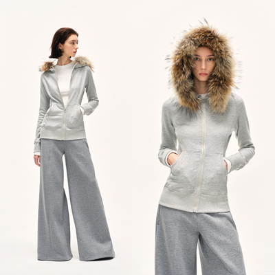 KVKV 真毛领可拆卸修身长袖拉链复古帽衫 美式拉链开衫连帽外套女