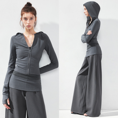 KVKV 深灰连帽运动瑜伽条纹长袖撞色复古短款外套拉链修身帽衫