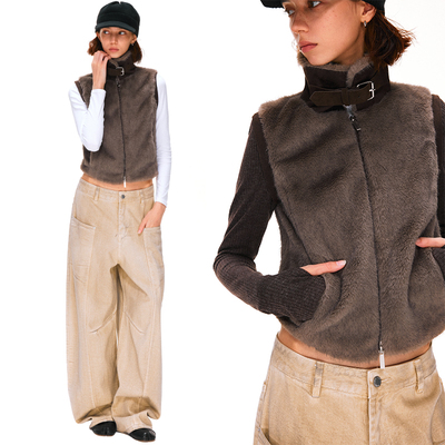 KVKV 复古深咖拼接针织立领麂皮扣可拆卸袖子两穿外套夹克马甲