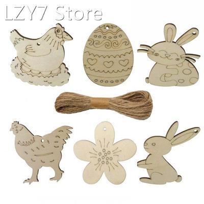 12 Pcs Easter Crafts Wooden Ornaments Unfinished Hanging Rop