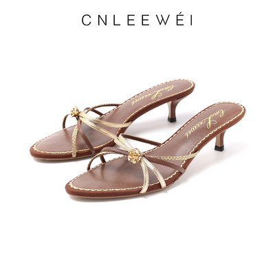 CNLEEWEI26春新款女复古金棕尖头细跟露趾穆勒高级感高跟凉鞋