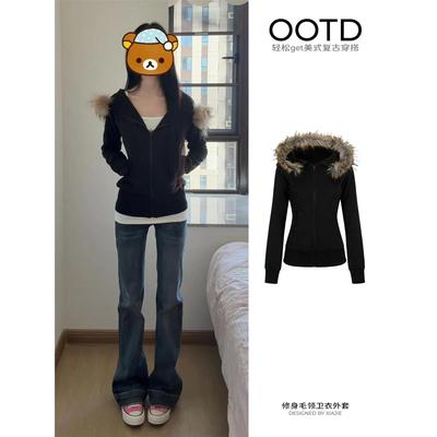 黑色毛领连帽卫衣外套女2