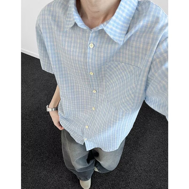 浅蓝色格纹短袖衬衫男款夏季cleanfit高级感痞帅防晒衬衣薄款外套