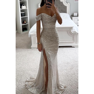 一字肩晚礼服裙女气质名媛主持人性感连衣裙Women evening dress