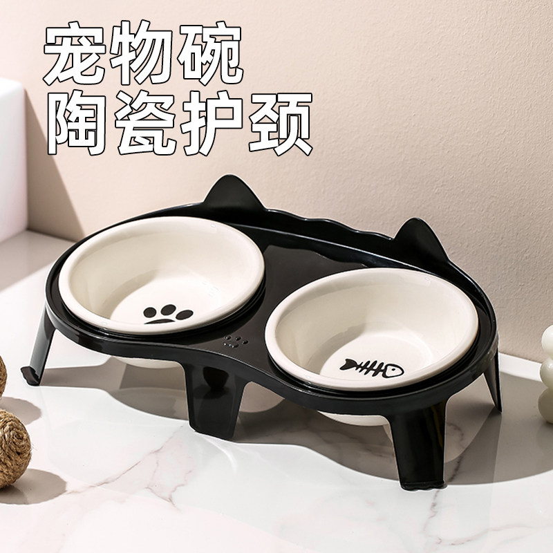 猫咪吃饭斜口陶瓷猫碗双碗喝水碗狗碗防打翻宠物狗狗饭碗幼猫食盆