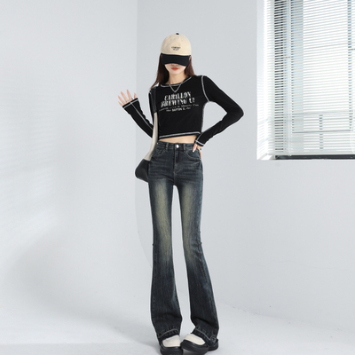 RNBN秋冬扎染高腰修身微喇叭长裤