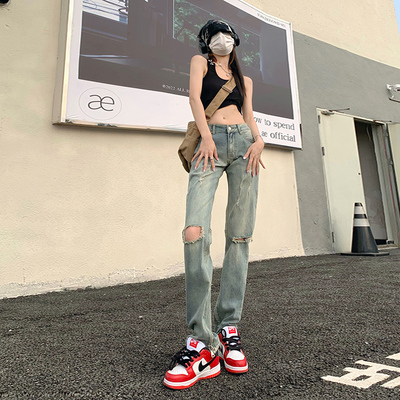 RNBN破洞牛仔裤高腰直筒开叉