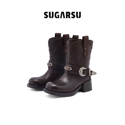 SugarSu酥履新款牛皮骑士短靴