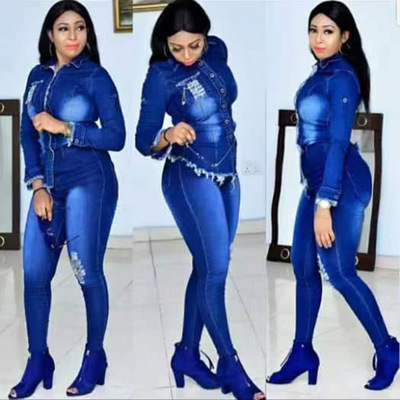 俄罗斯欧美非洲时尚牛仔套装洞两件套 Africa Women Jeans Suits