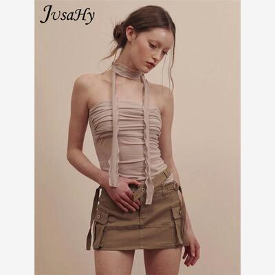 Lace-up Halter Pleated Tank Vests Tops Women Party Club Wear