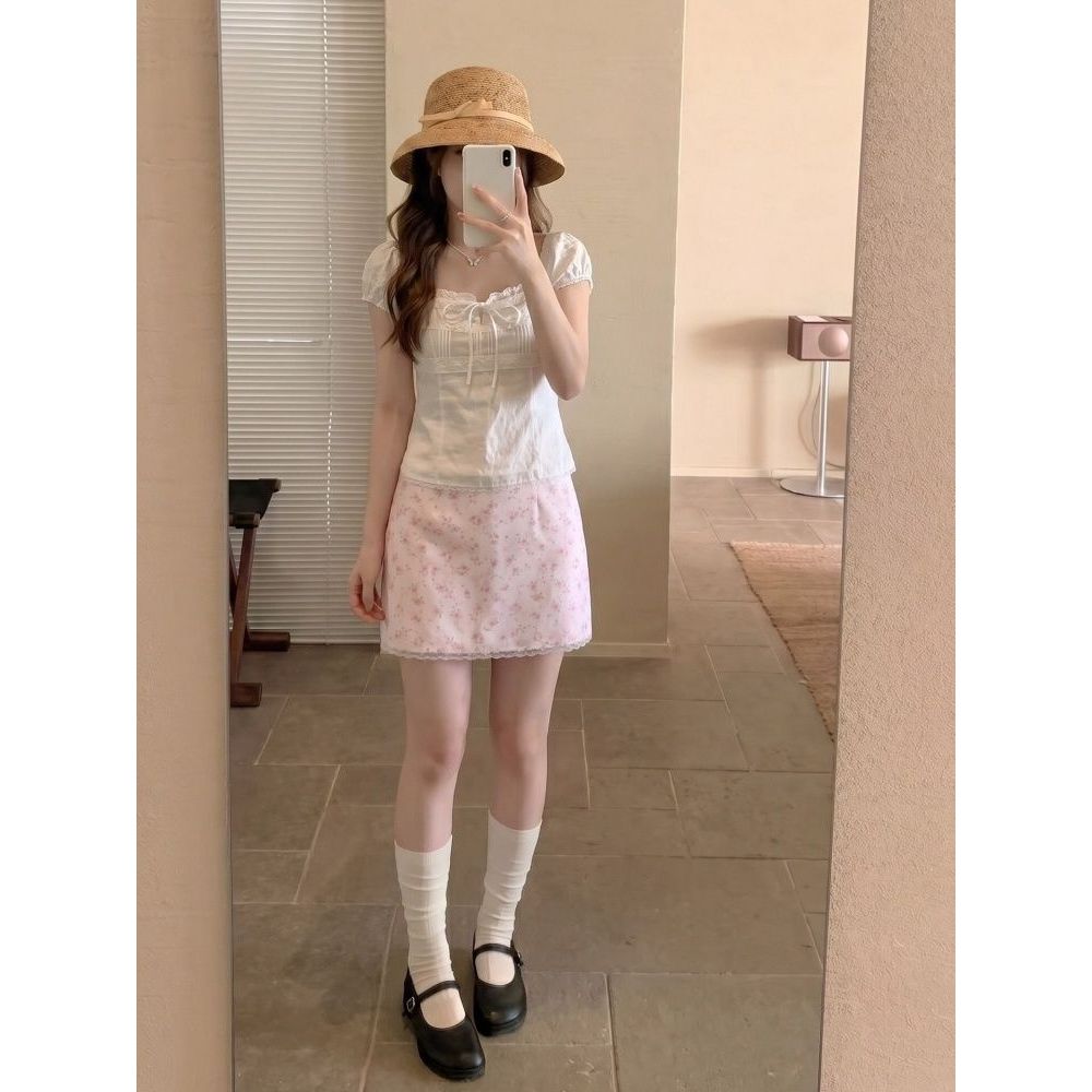【白桃浅夏】韩系少女感温柔风套装蝴蝶结绑带上衣碎花短裙两件套