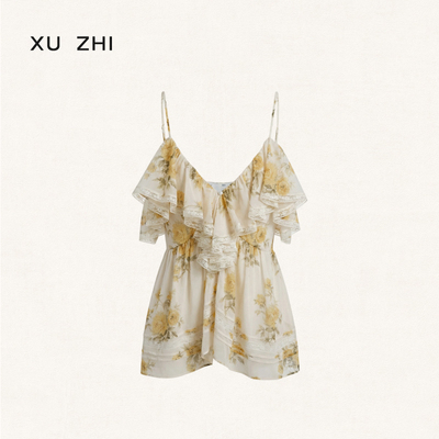 XU ZHI2026夏季新品荷叶边蕾丝装饰印花吊带上衣