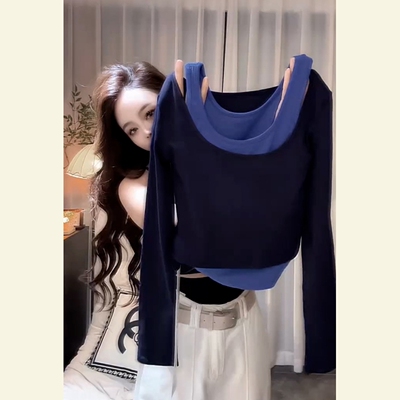 秋冬今年流行绝美巨好看早秋上衣感小众藏蓝色假两件打底衫0926d