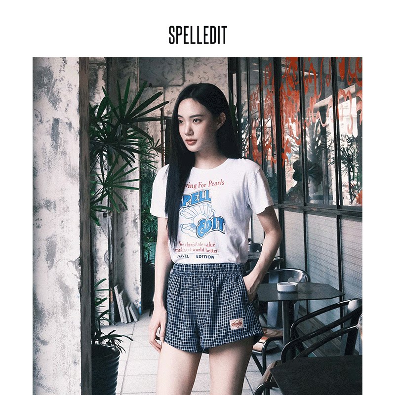 SPELLEDIT夏款复古格纹松紧腰短裤休闲韩版时尚格子裤子女