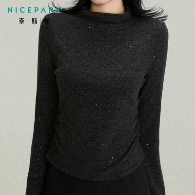 奈斯帕2025冬季新款韩版半高领加绒长袖打底衫女百搭简约修身显瘦