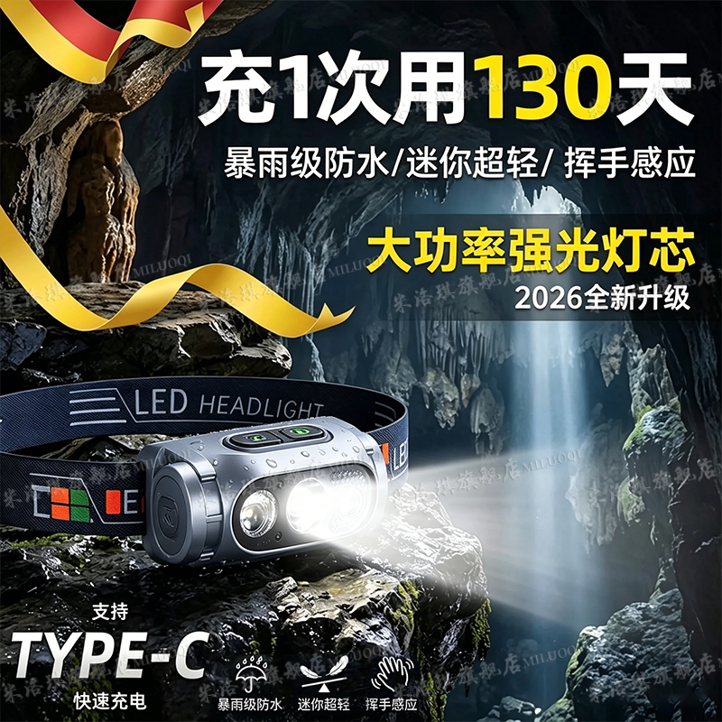 德国头灯2026新款强光超亮钓鱼专用超长续航100小时户外登山头戴