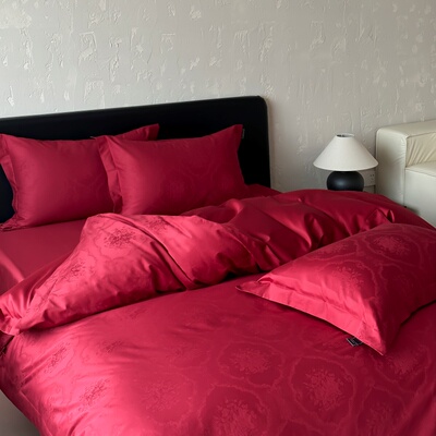 100S全棉提花四件套大红色