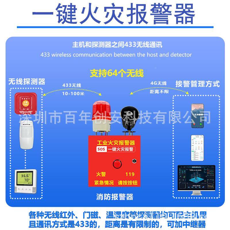 键警一键报警消一防报警器工业厂房间火灾逃车生警铃声光应急联动