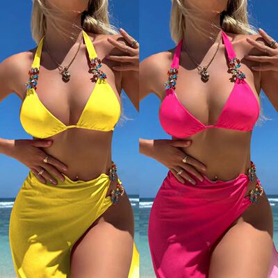 bikini亮钻纯色长裙网纱三件套