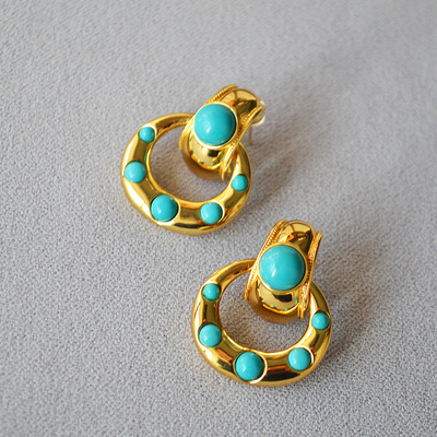 欧美小众设计时尚夸张个性黄铜镀金镶嵌绿松石复古感耳环耳饰