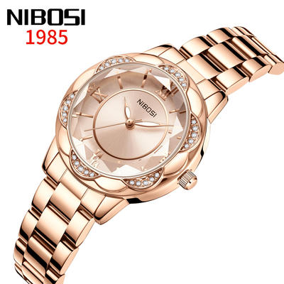 NIBOSI品牌时尚钢带防水女士手表新款小清新镶钻蝴蝶扣石英表女