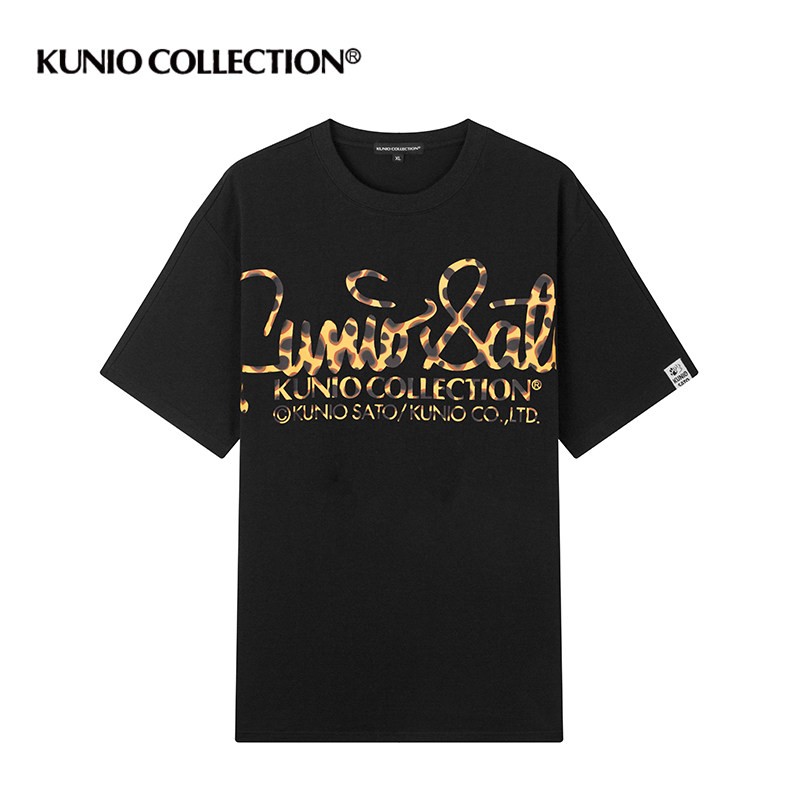 KUNIO佐藤邦雄夏季新款插画渐变LOGO印花宽松情侣短袖T恤男女同款_虎窝淘