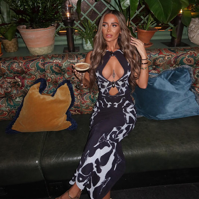 欧美ins风夏印花豹纹原来镂空无袖收腰性感连衣裙FDC1429圆领