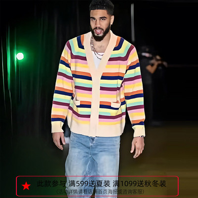 Profound Foundation支线 羊毛混纺彩虹条纹毛衣开衫 塔图姆上身