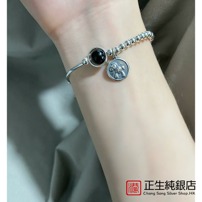 S925纯银森系冷淡风手链女DIY光珠黑曜石招财纳福木马手串银饰