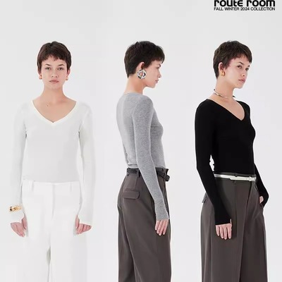 修身针织打底上衣routeroomV领